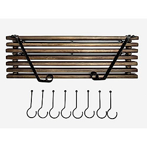 Soduku Pot Pan Rack with Solid Wood Shelf, Wall Mounted Multifunctional Kitchen Hanging Organizer with 8 Hooks for Pots Pans Lids Utensils Cookware Brown