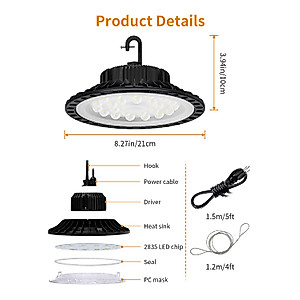 LED High Bay Light, 100W 12000LM UFO LED High Bay Lights with US Plug 5' Cable, Eqv.400W MH/HPS, 6500K Super Bright LED Shop Lights IP65 Area Light Fixture Bay Lighting for Garage Factory Workshop