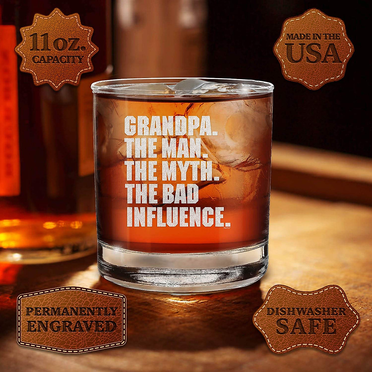 shop4ever® Grandpa. The Man. The Myth. The Bad Influence. Engraved Whiskey Glass Father's Day Gift for Grandpa Drinking Glass