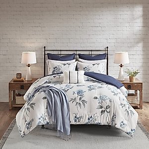 Madison Park Zennia Farmhouse Comforter Set with Throw-Blanket, Floral Print on Seersucker Textures, All Season Bedding, Matching Shams, Toss Pillows, King/Cal King(104"x92"), Blue 7 Piece