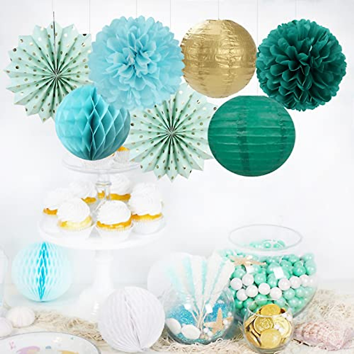 Sage-Green Teal-Blue Party-Decorations Streamers Lanterns - 14pcs Rustic Wedding Baby Shower Paper Lanterns Fan,Tissue Pom Poms Streamers,Honeycomb Balls,Birthday Bachelorette Engagement Bridal Decor Ouruola