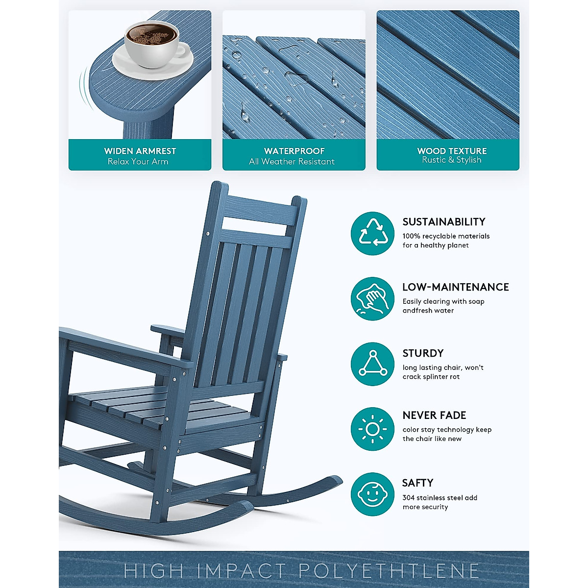 SERWALL HDPE Outdoor Rocking Chair, HDPE Rocking Chair for Adult, Blue