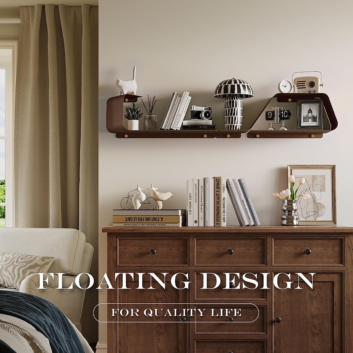 Sttoraboks Floating Shelves, Wall Shelf, Set of 3 Wall Mounted Metal Shelves with Unique Design for Wall Storage, Book Shelf, Display Shelves for Bathroom Bedroom Living Room for Home Brown