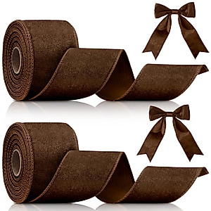 Lyrow 2 Rolls Christmas Velvet Ribbon 2.5 Inches Christmas Velvet Satin Ribbon Vintage Wide Wired Edge Wrapping Ribbon for Christmas Wedding Decorating, Gift Wrapping Bow (Brown,20 Yards)