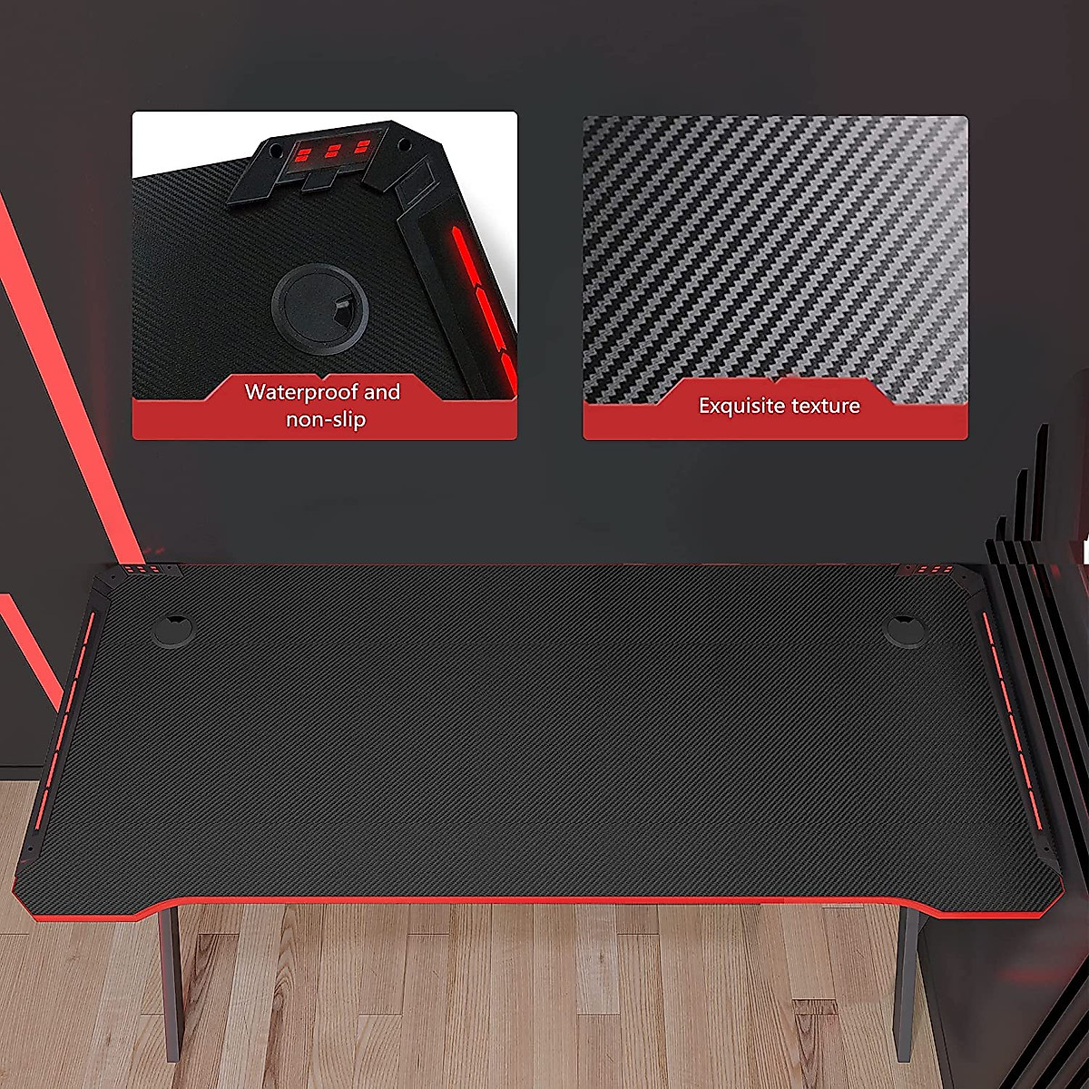 Arespark Gaming Desk with LED Lights, 47in Ergonomic Home Office Tables PC Study Desks, K-Shaped Carbon Fiber Surface Computer Desk Gamer Table Christmas Day Gamer Gift (47 Inch)