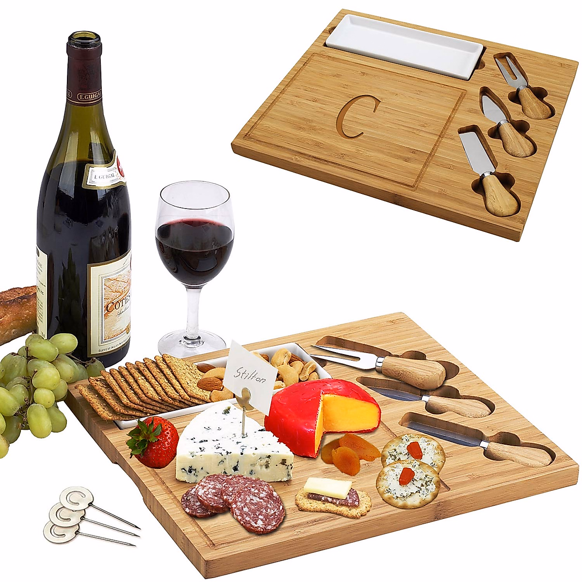 Picnic at Ascot Personalized Monogrammed Engraved Bamboo Cutting Board for Cheese & Charcuterie Platter- includes Knives, Ceramic Dish, & Cheese Markers - Designed and Quality Checked in USA