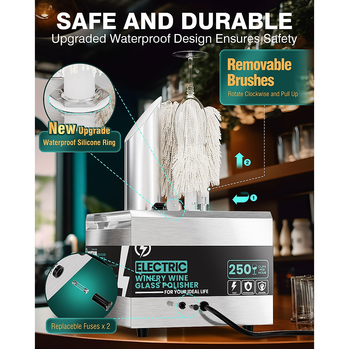 WantJoin Wine Glass Polisher Machine - 3 Brushes 250 Cups/Hour Commercial Electric Automatic Dryer with 304 Stainless Steel, 100% Cotton, 1150W High Power, 140°F Air Drying for Bar Restaurant Kitchen