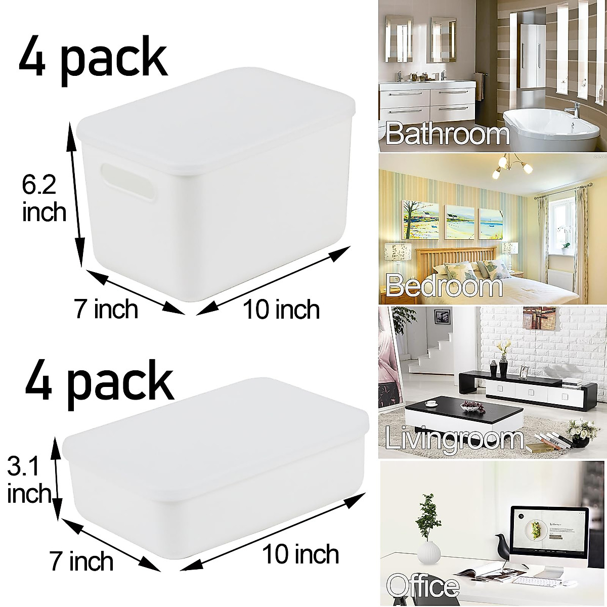 ZEXALOR 8 Pcs Storage Bins with Lids, Stackable Plastic Storage Containers for Organizing, Organizer Bins Shelf Baskets for Pantry Cabinet Shelves Desktop Freezer Drawer Organization (White, 4M+4S)