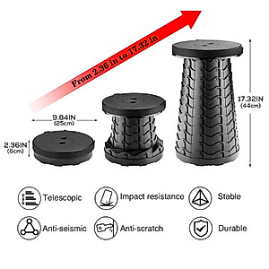 Hesanzol Portable Telescoping Stool, Retractable Folding Stool for Camping Garden Fishing Hiking Travel BBQ, Adjustable Collapsible Stools Max Load 485lbs (Black)