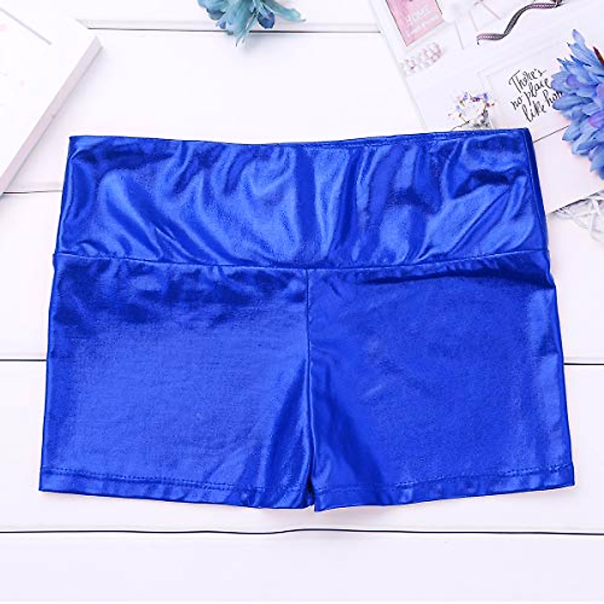 QinCiao Kids Teens Girls Shiny Metallic Ballet Active Dance Shorts Gymnastics Fitness Shorts Bottoms Hot Pants Blue 12