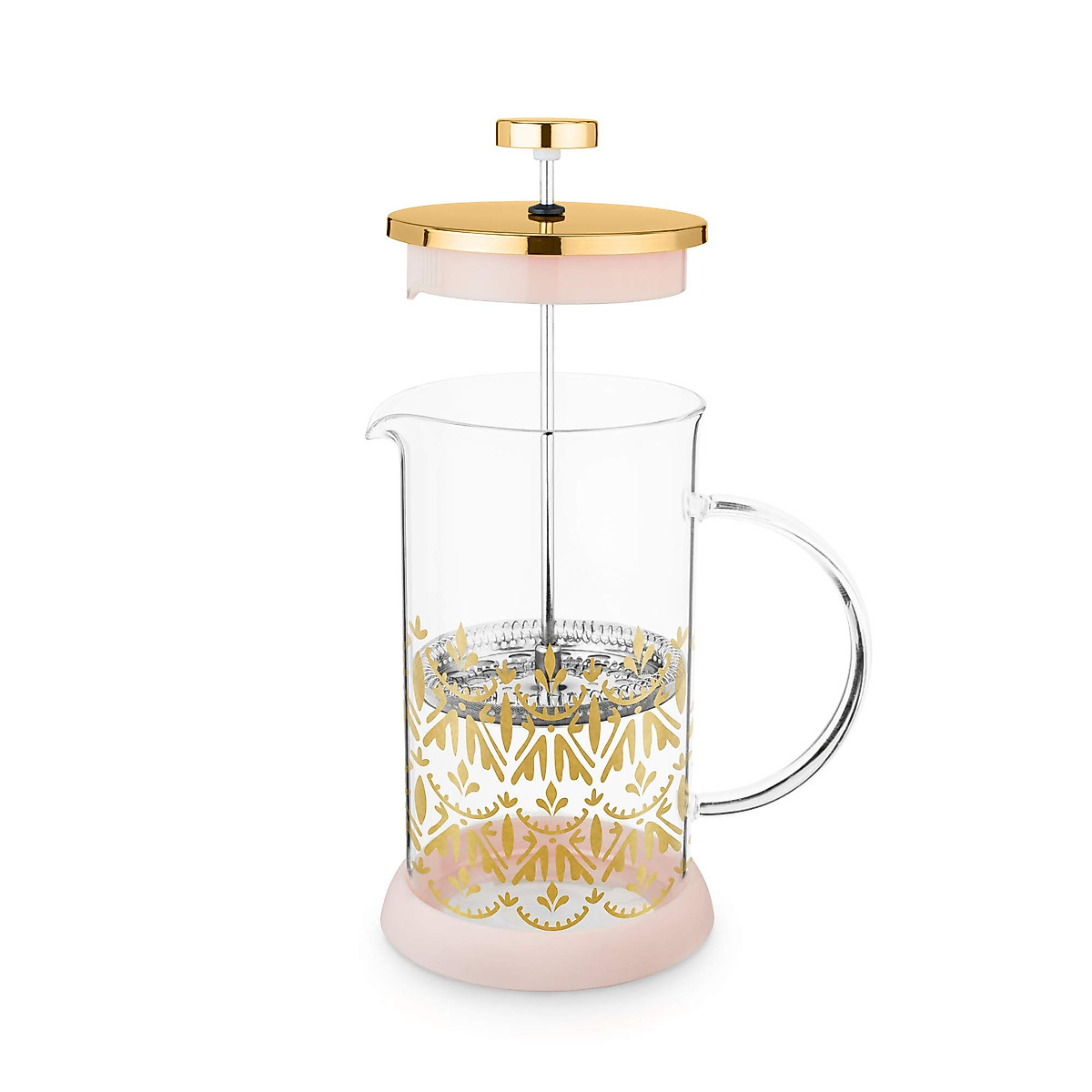 Pinky Up Riley Casablanca Glass Tea Press Pot, Coffee Maker, French Press for Loose Leaf Tea and Coffee, Hot or Iced Beverage Brewer, 34 oz, Pink And Gold