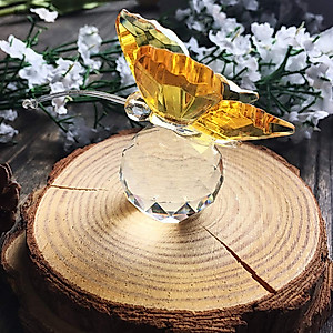 H&D Crystal Flying Butterfly with Crystal Ball Base Figurine Collection Cut Glass Ornament Statue Animal Collectible (Yellow)