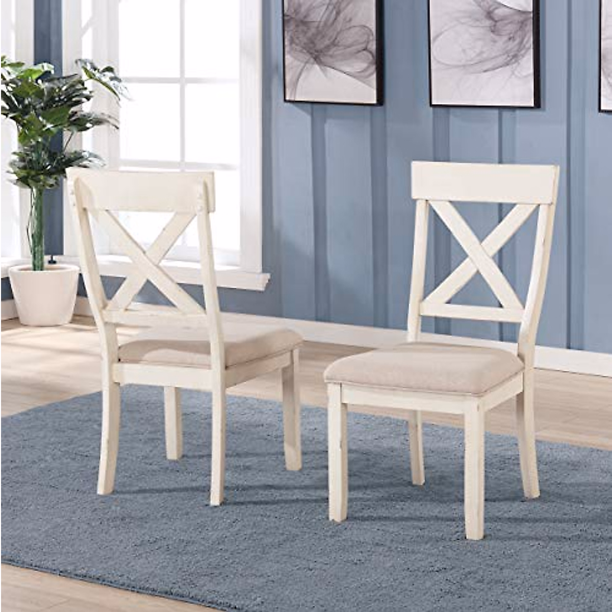 Roundhill Furniture Prato 7-Piece Dining Table Set with Cross Back Chairs, Antique White and Distressed Oak