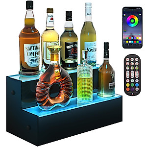 Warmiehomy LED Lighted Liquor Bottle Display Shelf, 16" 2 Step Acrylic Bar Shelves for Liquor Bottles, Alcohol Whiskey Shelves with Smart App & Remote Dual Control for Home Commercial Bar Drinks