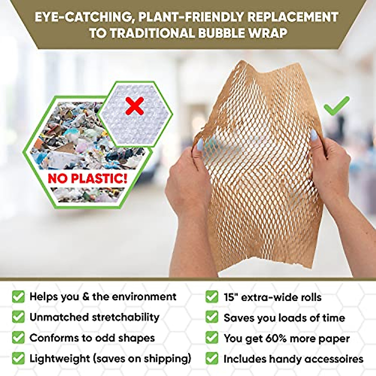 ecoducer 15”x164’ Honeycomb Packing Paper Moving Supplies with 48 Fragile Stickers &100 ft Jute Twine. Eco Friendly Bubble Cushioning Wrap Packing Material. Biodegradable Shipping Supplies.