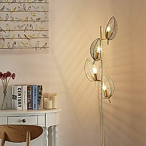 WOXXX Industrial Gold Floor Lamp with 4 Brush Black Finish Leaf Shade, Modern Tree Floor Lamps for Living Room Bedrooms Reading Standing Lamp Living Room Lamps Farmhouse Tall Lamp (4 Bulbs Included)