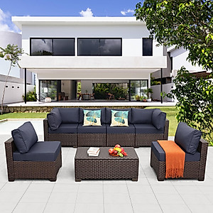 Rattaner 7 Pieces Outdoor Wicker Furniture Conversation Set Patio Furniture Sectional Sofa Couch Patio Storage Table with Thicken(5") Non-Slip Cushions Furniture Cover, Navy Blue