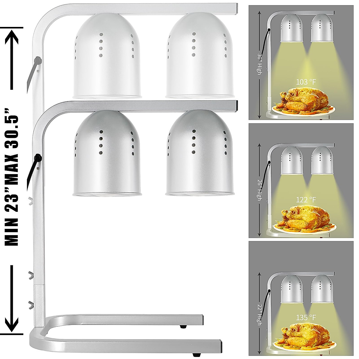VORIGY Heat Lamp for Food, with Two 250W Bulbs for Fast and Even Heating, Food Heat Lamp with Adjustable Height Stand, Commercial Food Warmer Lamp for Home, Fast Food Restaurant, Buffet, Bakery Silver