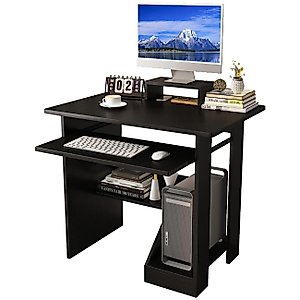 LERIJN 30Inch Small Computer Desk for Small Spaces, Computer Desk with Shelves and Keyboard Tray, Standing Compact Desk with Storage, Home Office Study Computer Desk with Monitor Stand, Black
