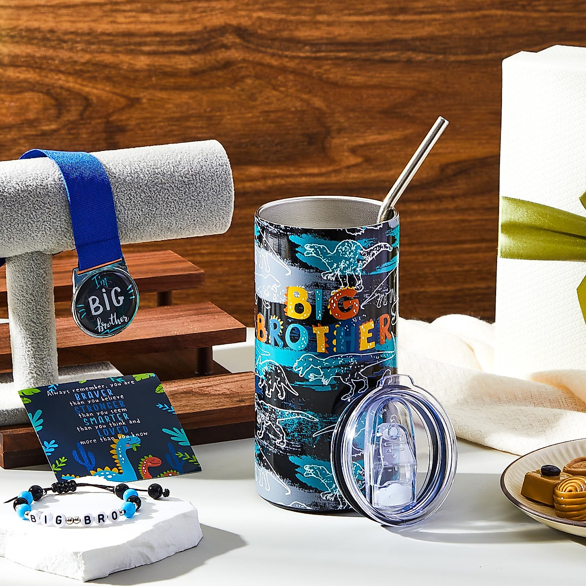 Sieral Set of 4 Christmas Big Brother Gift 14 oz Big Brother Tumbler with Straw Big Bro Medal with Lanyard New Big Brother Bracelet Inspirational Card for Little Boys of New Baby Birthday(Dinosaur)