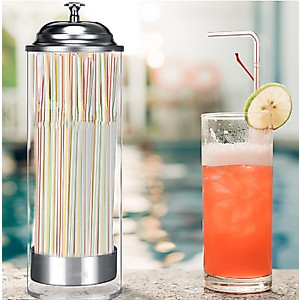 Straw Dispenser for Pencils with Stainless Steel Lid, Clear Acrylic Straw Holder, 100 Striped Plastic Straws