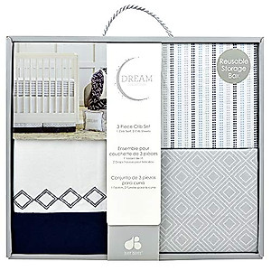 Just Born Boys and Girls Newborn Infant Baby Toddler Nursery 2 Fitted Crib Sheets and Bedding Skirt 3-Piece Set, Navy/Grey, One Size