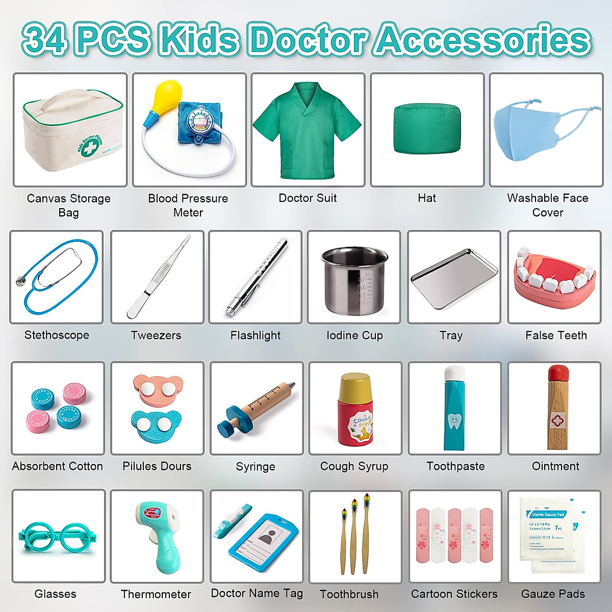 Juboury Doctor Kit for Kids 34Pcs Toy Medical Kit with Stain Steel Stethoscope, Flashlight, Tray, Iodine Cup, Wooden Accessories, Dress Up Costume and Doctor Bag for Kids, Girls, Boys, Toddlers