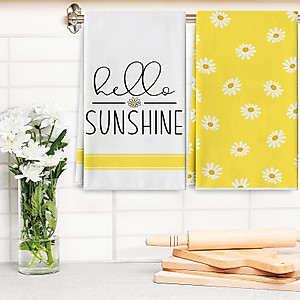 AnyDesign Hello Sunshine Kitchen Towels Summer Yellow Daisy Dish Towel 18 x 28 Inch for Seasonal Decoration Kitchen Bathroom Party Home Decorations Set of 2