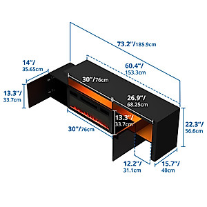 Cozy Castle Extra Long 73.2" Fireplace TV Stand up to 85" TV, High Gloss Entertainment Center with 30" Electric Fireplace, LED Lights and 2 Storage Cabinets, Modern Media Console with Charging Station