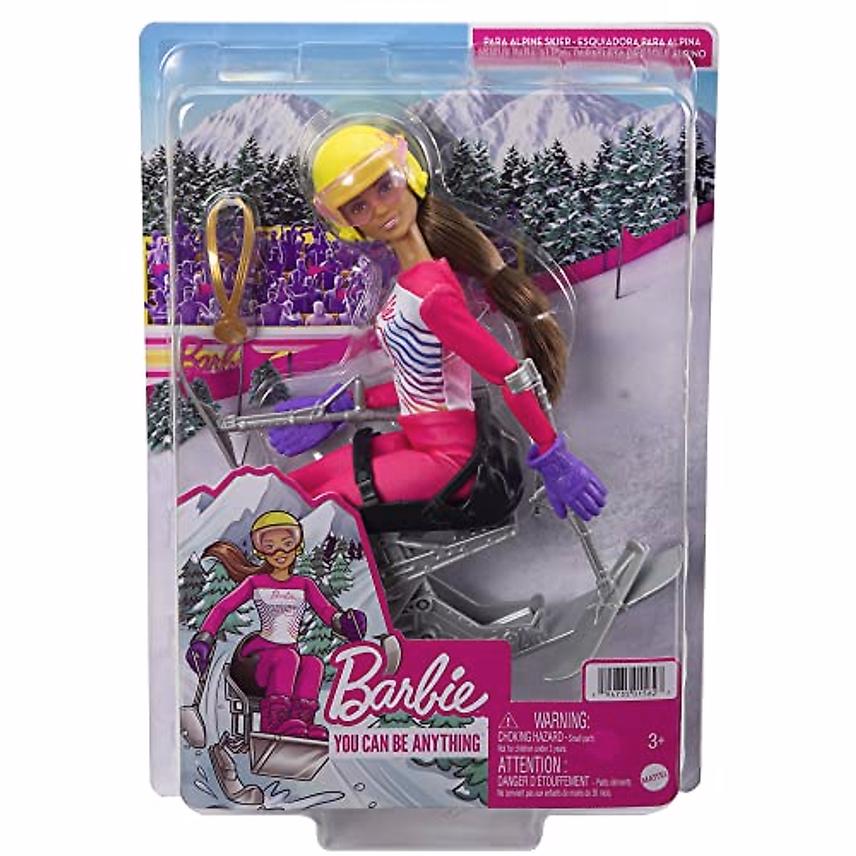 Barbie Winter Sports para Alpine Skier Brunette Doll (12 in) with Shirt, Pants, Helmet, Gloves, Pole, Sit Ski & Trophy, Great Gift for Ages 3 and Up