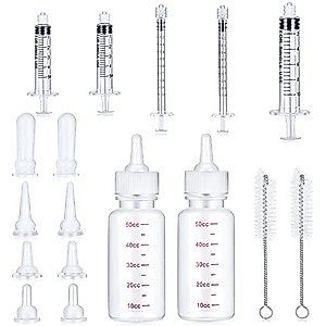 17 Pieces Pet Nursing Bottle Kit Including 2 Pet Feeding Bottle, 8 Replacement Pet Feeding Nipples, 5 Dog Nursing Syringes in 1 Ml, 5 ml and 10 Ml, 2 Cleaning Brushes for Kittens, Puppies, Rabbits