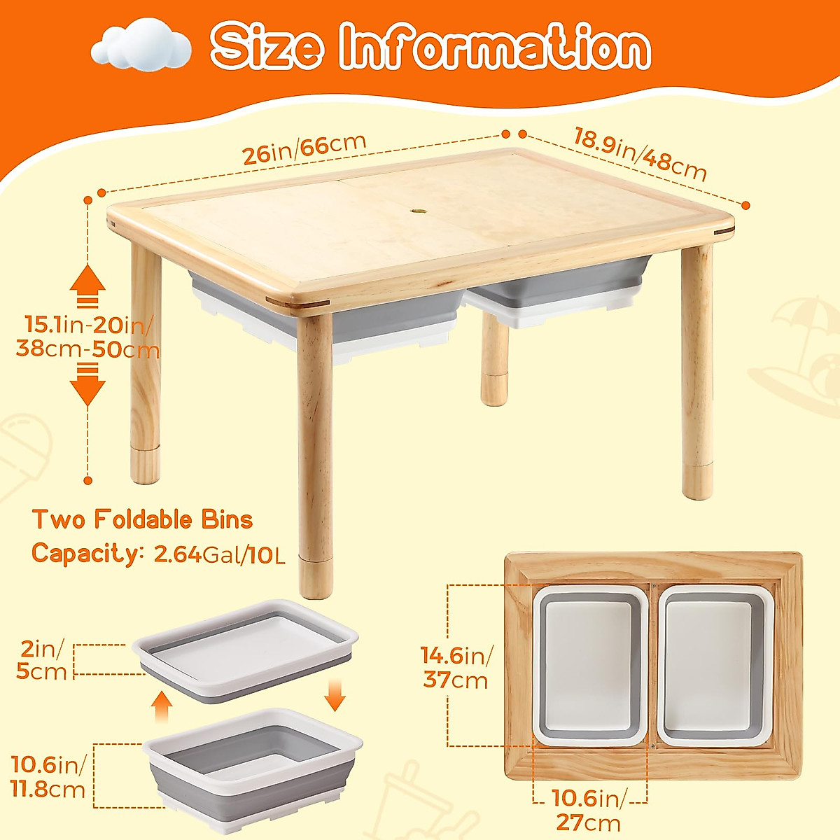FUNLIO Wooden Sensory Table with 2 Bins for Toddlers 1-5, 3-Level Height Adjustable Kids Sensory Table with Anti-Warping Plywood Lid, Indoor/Outdoor Play Sand and Water Table, CPC Certified