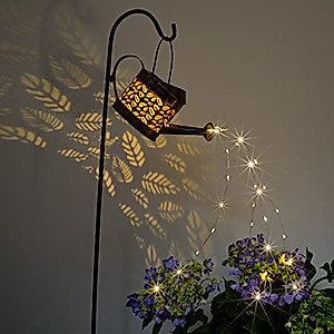 Elfengarden Solar Watering Cans Light Garden Decorative - Leaf Pattern Metal Watering Cans Stake Light with 32 LED Fairy Light - Waterproof Warm White Led for Lawn Patio Or Courtyard Décor