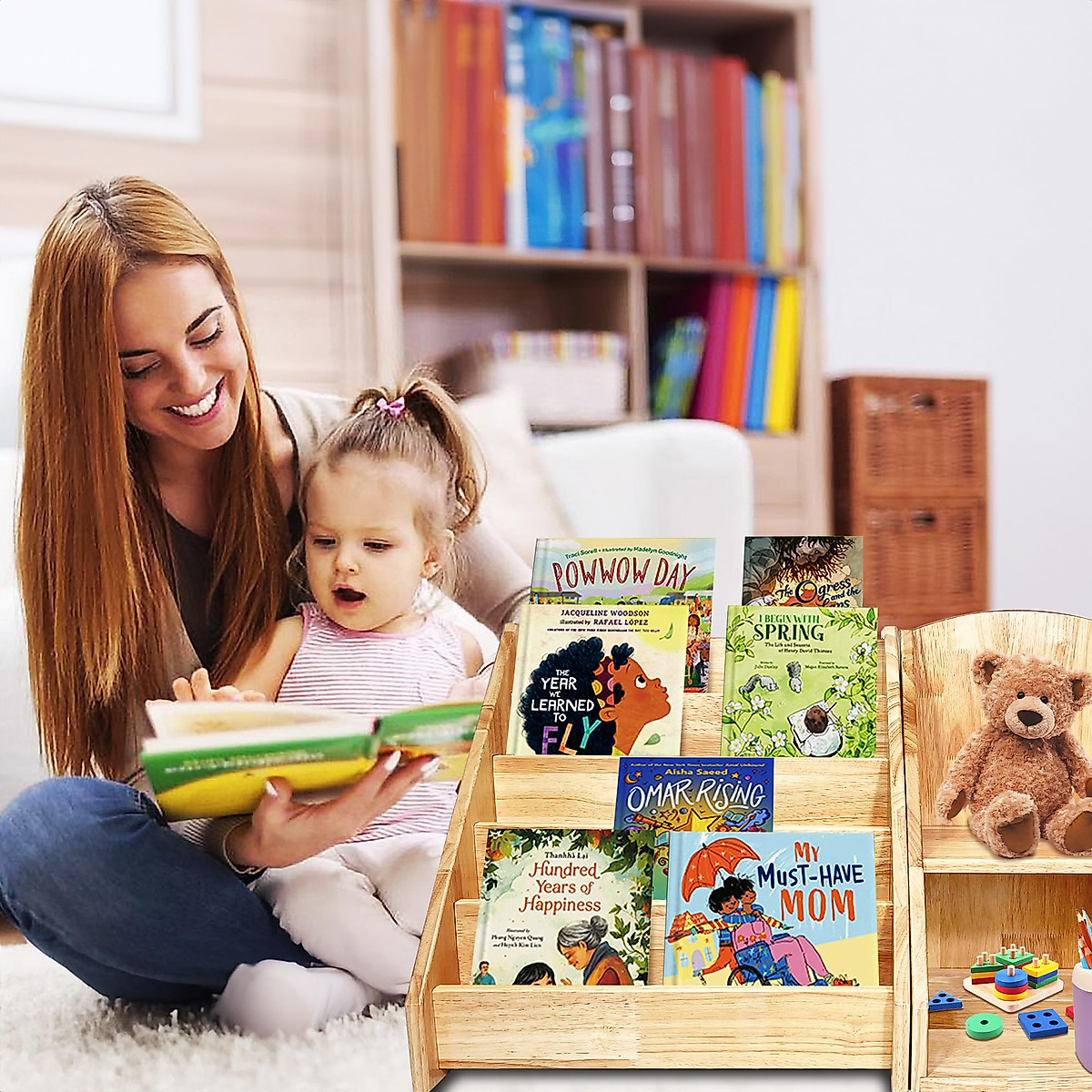 koretech Bookshelf for Toddler Wooden Book Display Shelf for Toddler Bookcase (Bookshelf + Storage Rack)