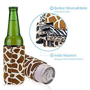 Casa-Eco Soft Velvet Fabric Neoprene Slim Can Cooler, 12oz Beverage Skinny Cans Sleeves for Girls, Wedding, Bachelorette Party, Events, 4 Pack (Leopard-Zebra-Giraffe-Cheetah)