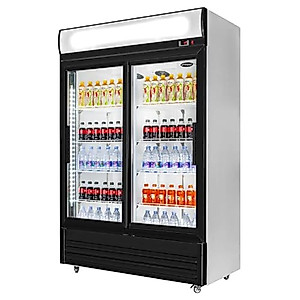 FRICOOL Merchandiser Refrigerator 2 Sliding Doors, 31 cu ft Beverage Display Cooler, Commercial Upright Fridge with LED Lighting, Adjustable Shelves for Displaying Beverages and Drinks, Black