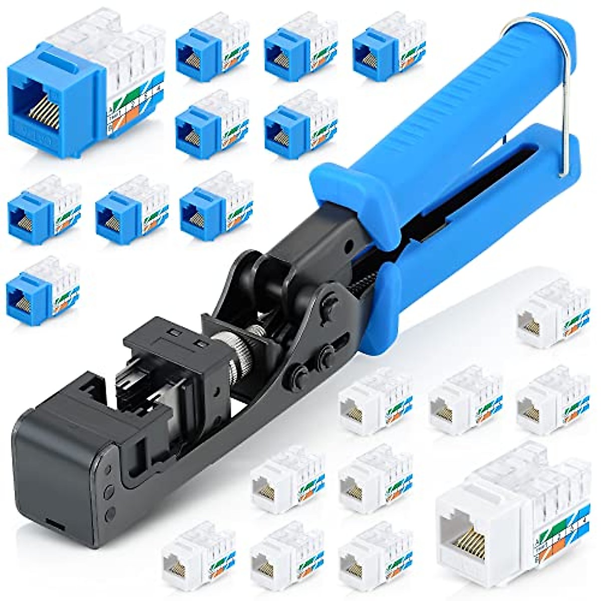 Everest Media Solutions easyJACK - 90° Angled Speed Termination Tool - with 10 Blue & 10 White Cat6 Keystone Jacks - Additional Jacks are Available - (B087N7QQD2)