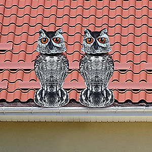 Hausse 2 Pack Fake Owl Decoy Bird Scarecrow Sculpture, Rotating Head Plastic Owl Bird Deterrents, Nature Enemy Horned Pest Repellent for Outdoor Garden Yard