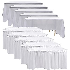 5 Pack Plastic Table Skirts for Rectangle Tables with 5 Pack Table Cloths, Blue Tableskirts and 54" x 108" Tablecloths, Disposable Tablecloth Skirt Table Covers for Party Birthday Baby Shower (White)
