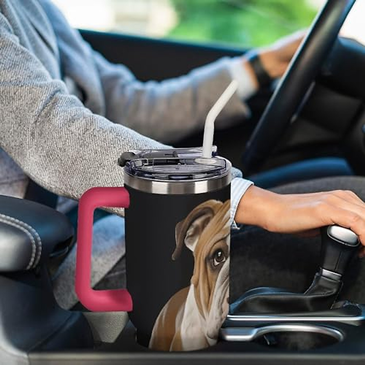 LLUTSNTH 40 Oz Vacuum Tumbler with Light Rose Red Handle Leakproof Insulated Tumbler English-Bulldog Stainless Steel Travel Mug with Lid And Straw Coffee Cup Cute Water Bottles Cup Holder Friendly