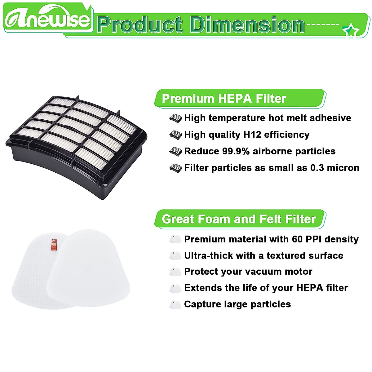 Anewise Filter Replacement for Shark Navigator Lift Away Deluxe Professional Vacuum ZU503AMZ NV350 NV351 NV352 NV355 NV357 NV360 NV370 UV440 UV540, Parts XFF350 & XHF350, 1 HEPA + 2 Pre-Felt Filters
