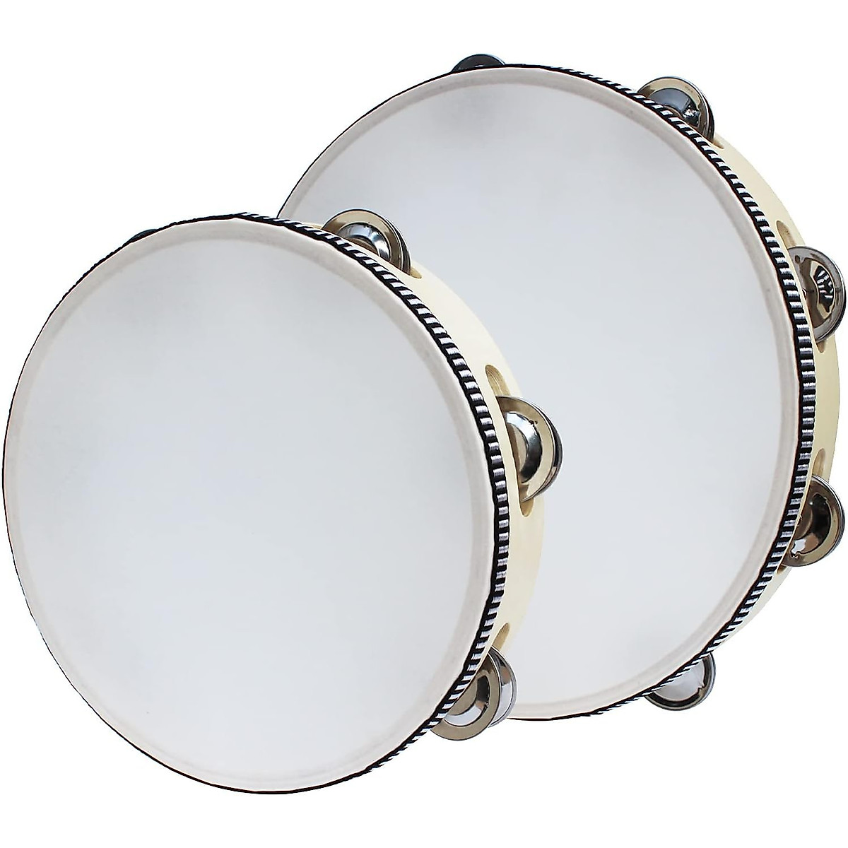 RSYJ Tambourine for Adults, 2 Pieces (10 Inch and 8 Inch) Wood Hand Held Tambourine, Tambourines with Jingle Bells Single Row, 1005RSYJ