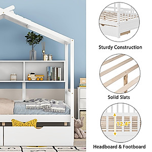Bellemave Twin Size House Bed with 2 Storage Drawers,Kids Bed with Storage Shelves,Wooden House Bed Frame for Girls,Boys,Can be Decorated,White