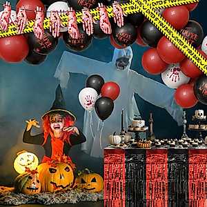 AIBIIN Halloween Balloon Arch Kit Black Red Bloody Hand Print Balloon Garland and Black Red Tableskirt Have a Killer Halloween Birthday Party Decorations Horror Scary Blood Party Supplies