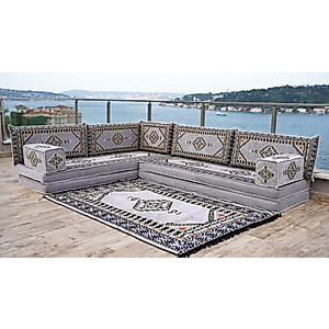 Gray L Shaped Arabic Sofa Set, Floor Couch, Sectional Sofas, Arabic Majlis, Turkish Rug, Couch Covers for 3, Sofa Bed, Poufs (L Sofa + Rug)