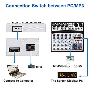 BOMGE 6 Channel Audio Sound Mixer - Professional Digital DJ Mixing Console for Live Streaming, Karaoke and Stereo Recording - With PC Computer Record Playback/Bluetooth/MP3/USB/48V /16 DSP Echo