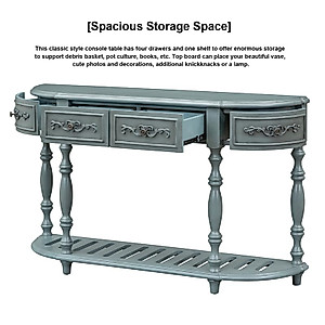 52" Farmhouse Console Tables for Entryway,Curved Sofa Table Display Cabinet w/4 Drawers & 1 Bottom Shelf,Cupboard Accent Table Credenza Decor Furniture for Living Room Hallway Kitchen,Antique Blue