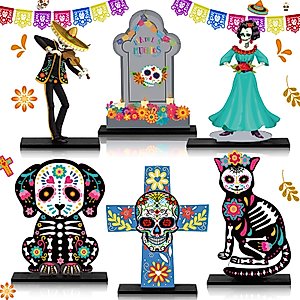 Amyhill 6 Pcs Day of The Dead Wooden Table Centerpiece Dia De Los Muertos Mexican Table Decorations Halloween Table Topper for Halloween Mexican Carnival Party Decoration Supplies