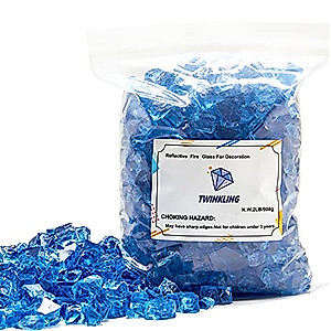 TWINKLING Reflective High Luster Fire Glass,1/2 Inch Fire Pit Glass,Crushed Glass,Broken Glass, Reflective Fire Glass Stones for Fire Pit Fireplace Decoration,10mm,2-Pound Jar (Ford Blue Glass)