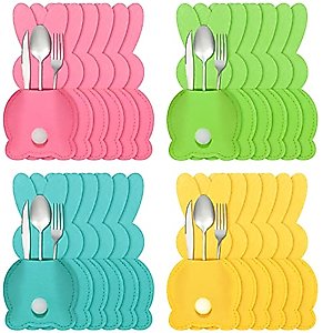 24 Pack Easter Bunny Utensil Cutlery Holders Pouch Bags Felt Silverware Holder Bag 5.9 x 3.15 Inch Utensil Sleeve for Knife Forks Easter Table Decoration Wedding Birthday Party, Pink Blue Green Yellow